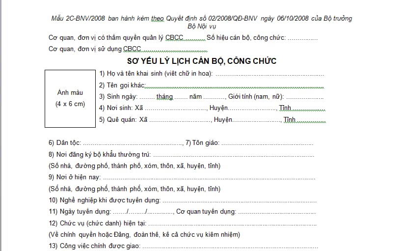 Mẫu 2C-BNV/2008: Mẫu sơ yếu lý lịch cán bộ công chức mới nhất hiện nay ...