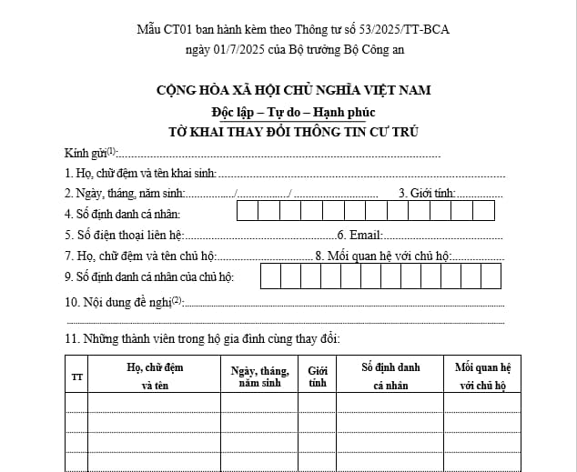 Mẫu CT01 mới nhất Mẫu Tờ khai thay đổi thông tin cư trú theo Thông tư 53/2025/TT-BCA áp dụng từ ...