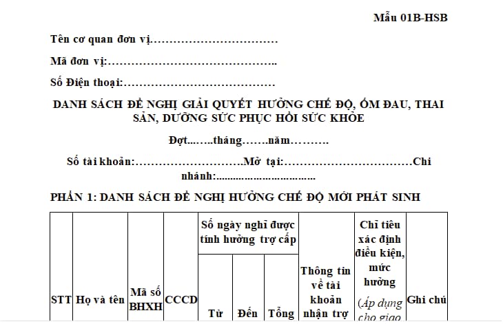 Tải về Mẫu 01B HSB Mẫu Danh sách đề nghị hưởng chế độ ốm đau, thai sản, dưỡng sức phục hồi sức ...