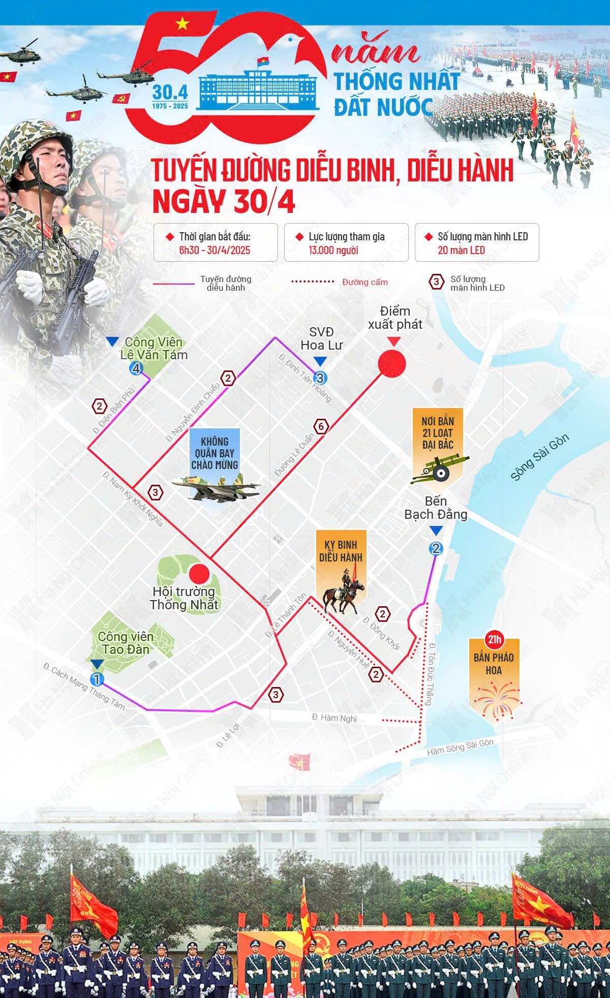Bản đồ diễu binh 30 4 kèm vị trí 21 màn hình LED xem diễu binh diễu hành tại TP HCM? Tổ chức sự ...