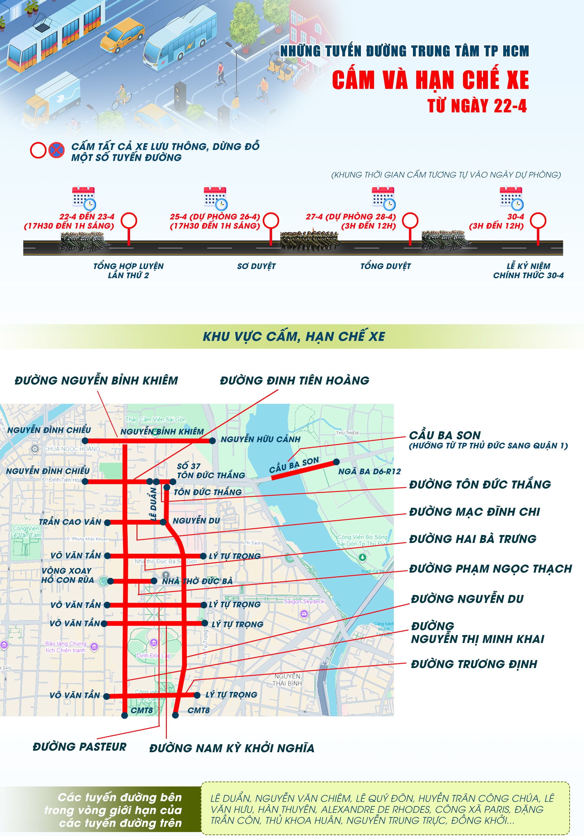 Chi tiết Bản đồ cấm đường tại TP HCM từ ngày 22/4, 23/4, 25/4, 26/4, 27/4, 28/4, 30/4 phục vụ ...