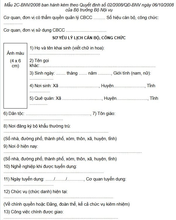 Tải về Mẫu sơ yếu lý lịch cán bộ, công chức - Mẫu 2C-BNV/2008 mới nhất ...