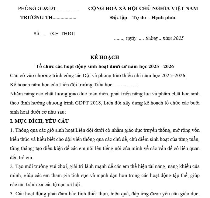 Mẫu Kế hoạch sinh hoạt dưới cờ năm học 2025 2026 giành cho giáo viên ...